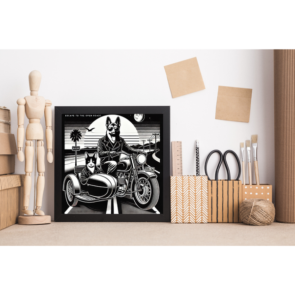Biker Duo – Dog & Cat Sidecar Adventure | Bold Black & White Digital D ...