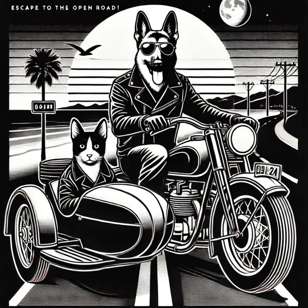 Biker Duo – Dog & Cat Sidecar Adventure | Bold Black & White Digital D ...